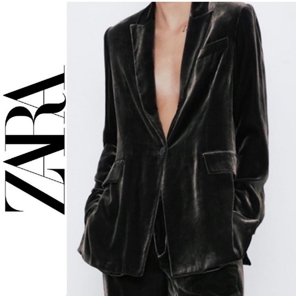 Zara | Jackets & Coats | Zara Velvet Blazer Jacket Dark Olive M ...